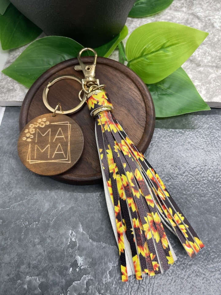 6" Gold-Tone Leather Tassel MAMA Wood Pendant Keychain New Free Ship ...
