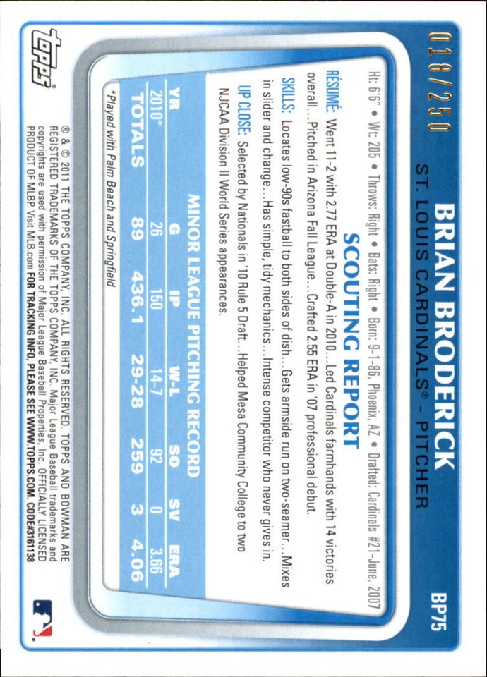 2011 (CARDINALS) Bowman Prospects Orange #BP75 Brian Broderick /250 | eBay