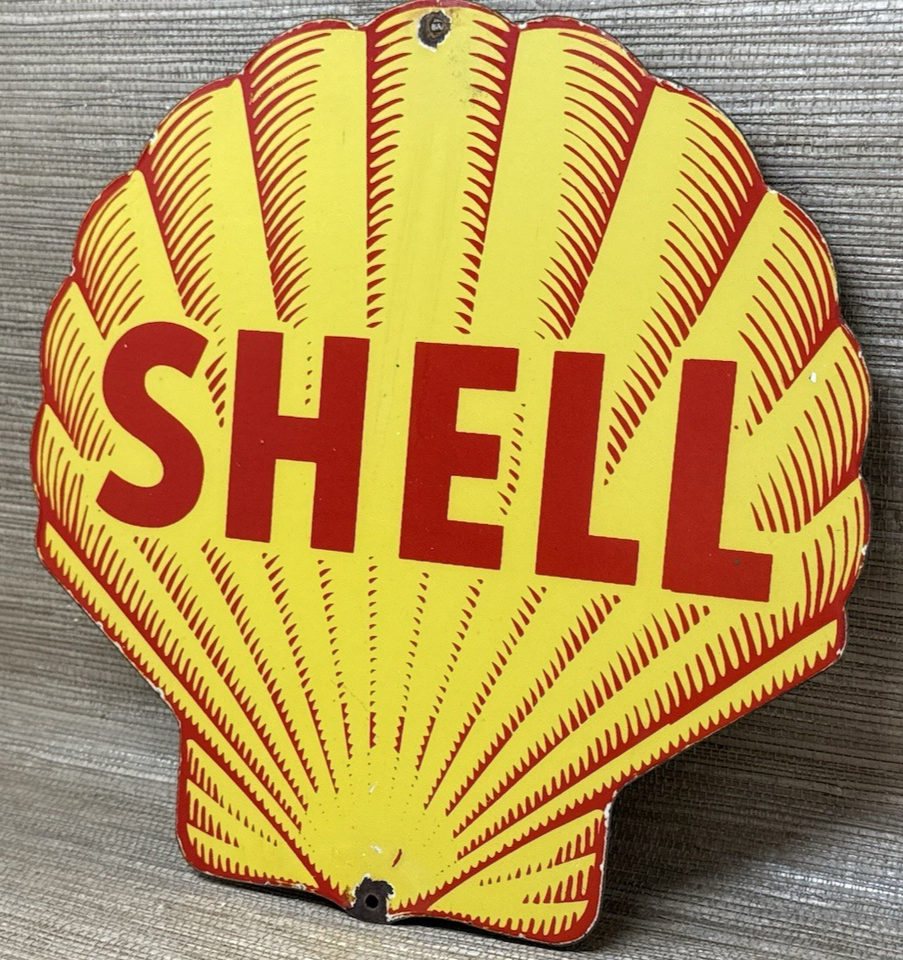 VINTAGE SHELL GASOLINE PORCELAIN SIGN GAS STATION PUMP PLATE MOTOR OIL ...
