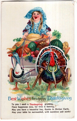 ANTIQUE THANKSGIVING Postcard GOOSE PULLING GIRL AND VEGETABLES IN CART ...