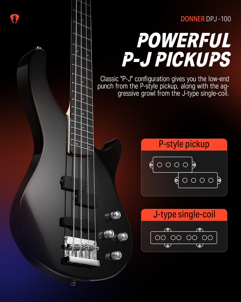 Donner DPJ-100 Bass Guitar With Gig Bag Strap Cable PJ Pickups | Glossy ...