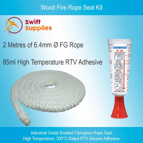 6.4mm Wood Fire Stove & Heater Door Rope Seal Kit - 2Mtrs Rope + RTV ...