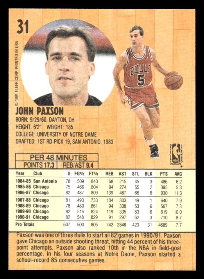 John Paxson 1991 Fleer #31 Chicago Bulls | eBay