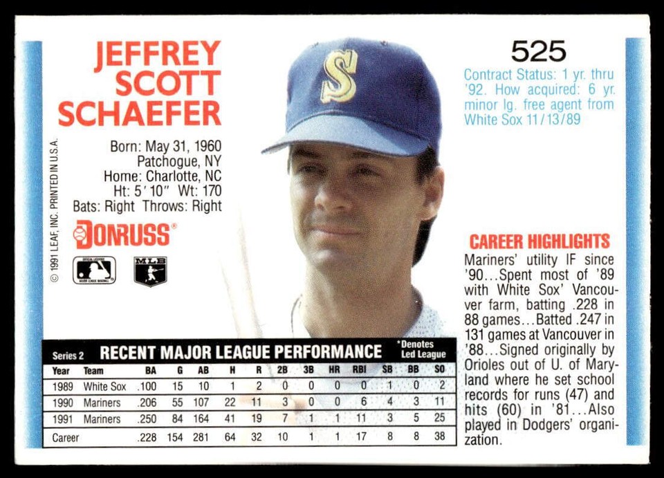 1992 Donruss #525 Jeff Schaefer - Seattle Mariners UER | eBay