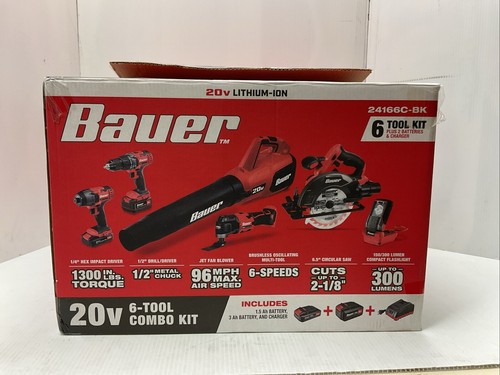 BAUER 20V Cordless Li-Ion 6-Tool Combo Kit 24166C-BK With 2 Batteries ...