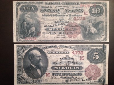 Reproduction Pair $5 & $10 Bills National Bank Note 1882 St Louis Brown ...