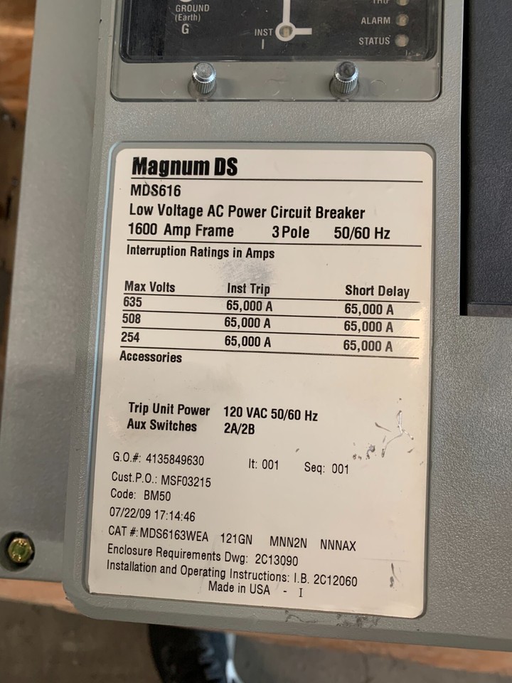 MDS616 Magnum DS Eaton Circuit Breaker MODO 1200A Digitrip 1150+ LSIG ...