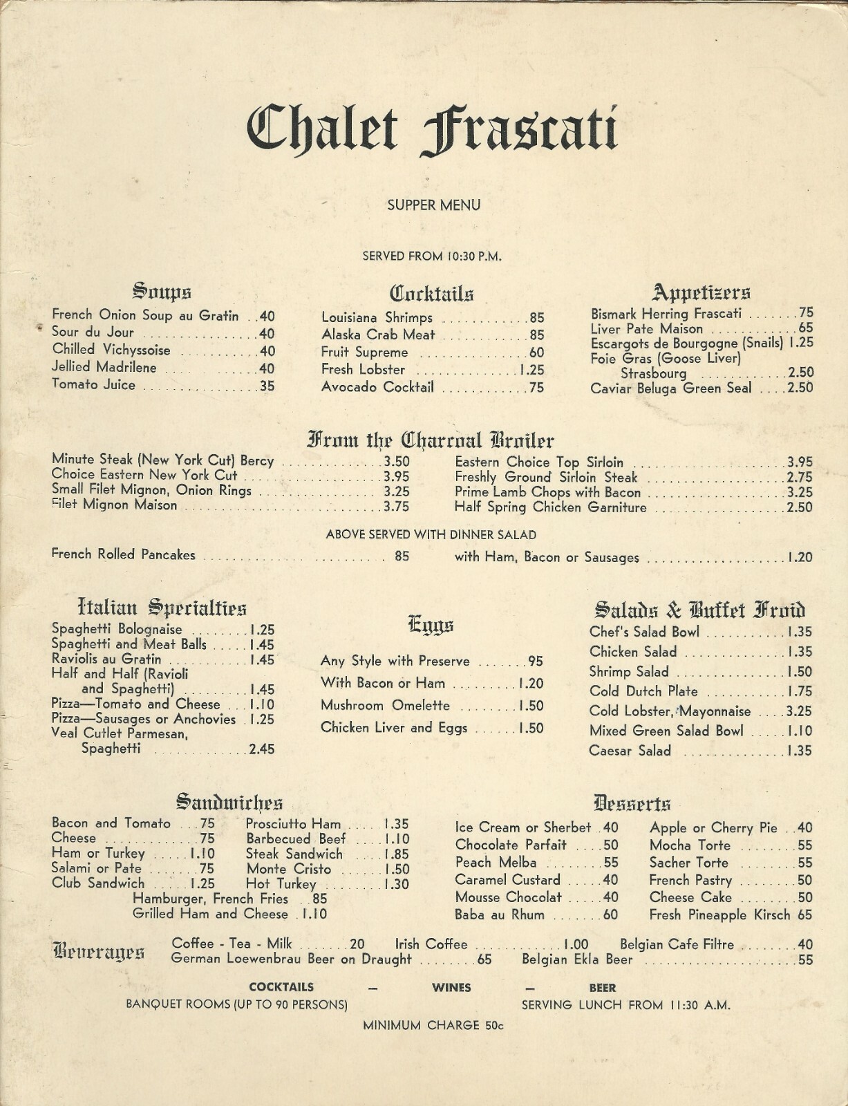 Vintage CHALET FRASCATI Menu Santa Monica CA 1959 Belgian Food | eBay