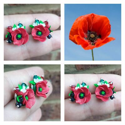 Red Remembrance Poppy Flower Leaf Earrings Handmade in UK cystals Box ...