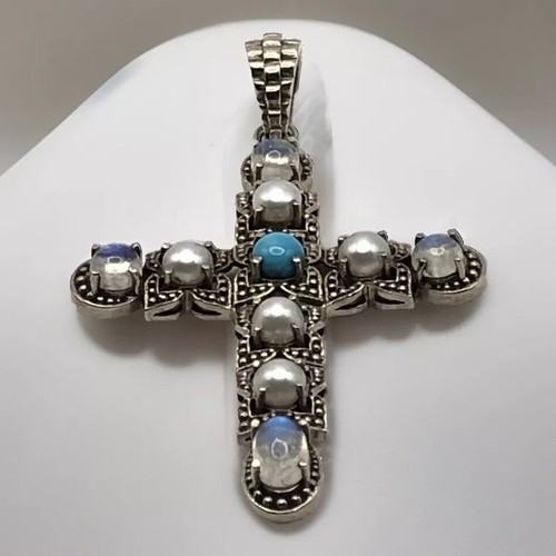 Nicky Butler’s Sterling Cross With Turquoise, Moonstones, & Pearls ...