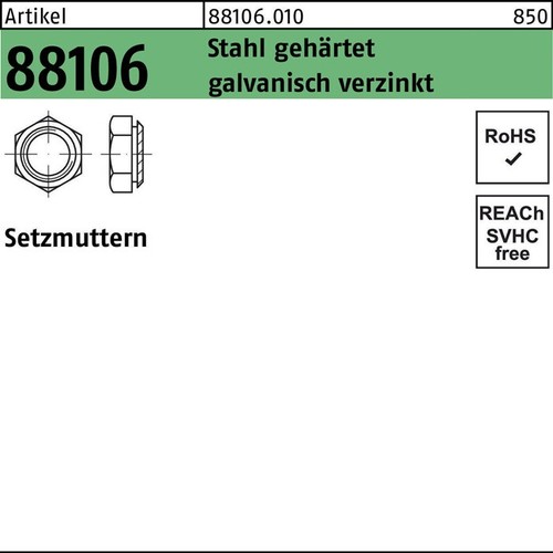 100er PACK(Stk) Setzmutter M 6 / 0,9 R 88106 Stahl gehärtet galvanisch ...