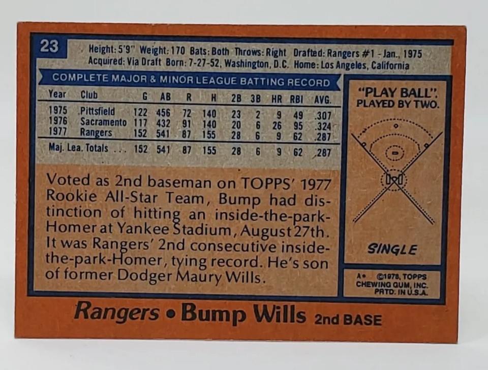 1978 Topps Baseball #23 Bump Wills Rangers | eBay