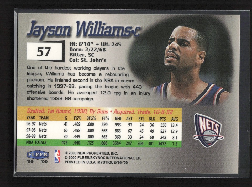 1999-00 Fleer Mystique Jayson Williams #57 New Jersey Nets | eBay