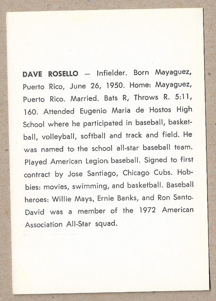 1973 Wichita Aeros Dave Rosello Card - Kansas State Bank Set - Free ...