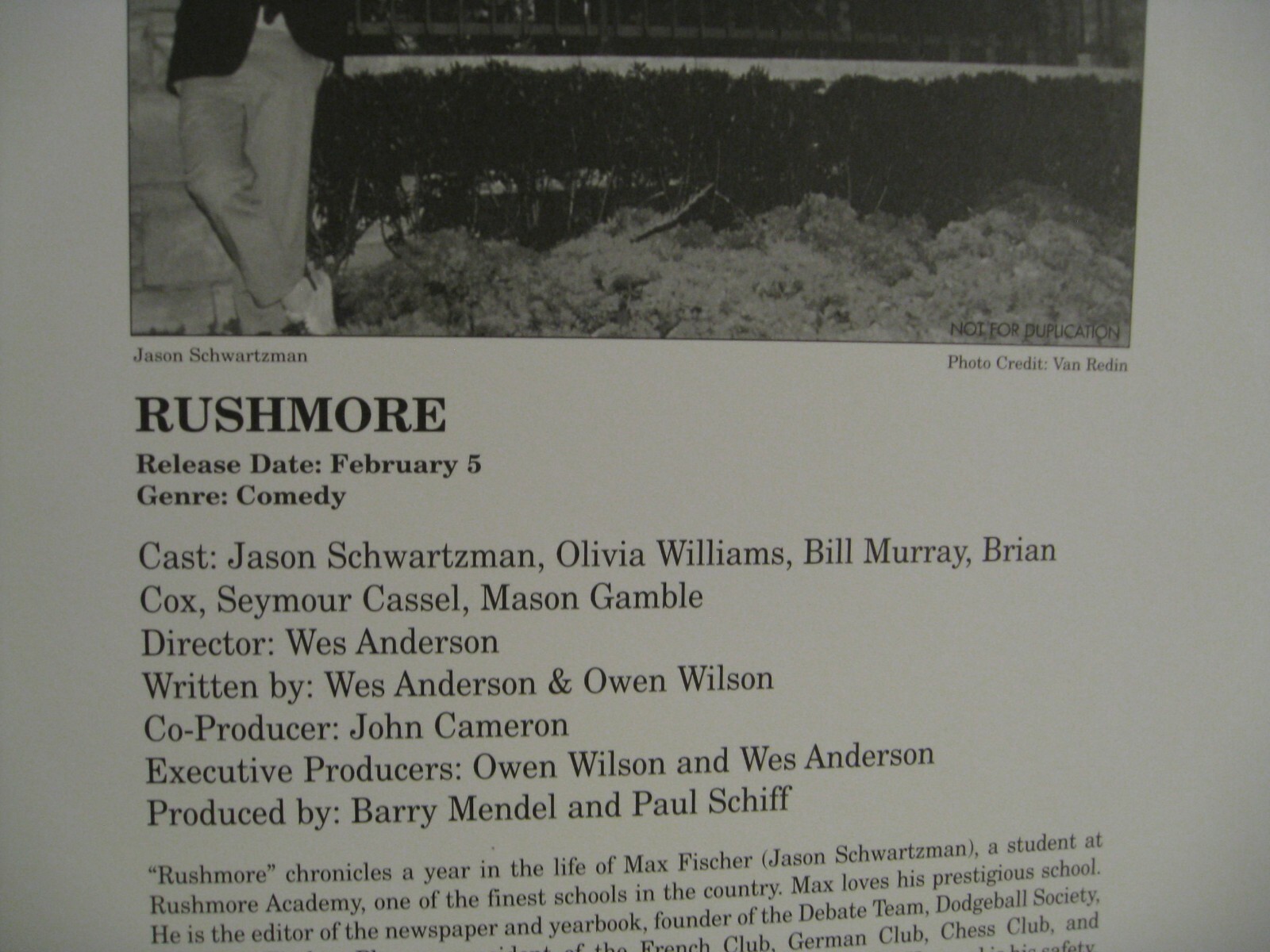 Touchstone Pictures Press Sheet Preview w/ Photo 1999 - Rushmore | eBay