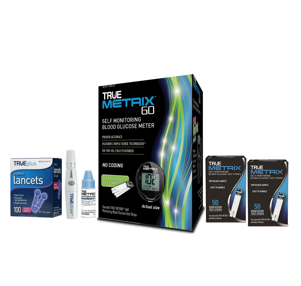 TRUE METRIX GO Meter Starter Kit with 100 Test Strips, Lancets 30G and ...