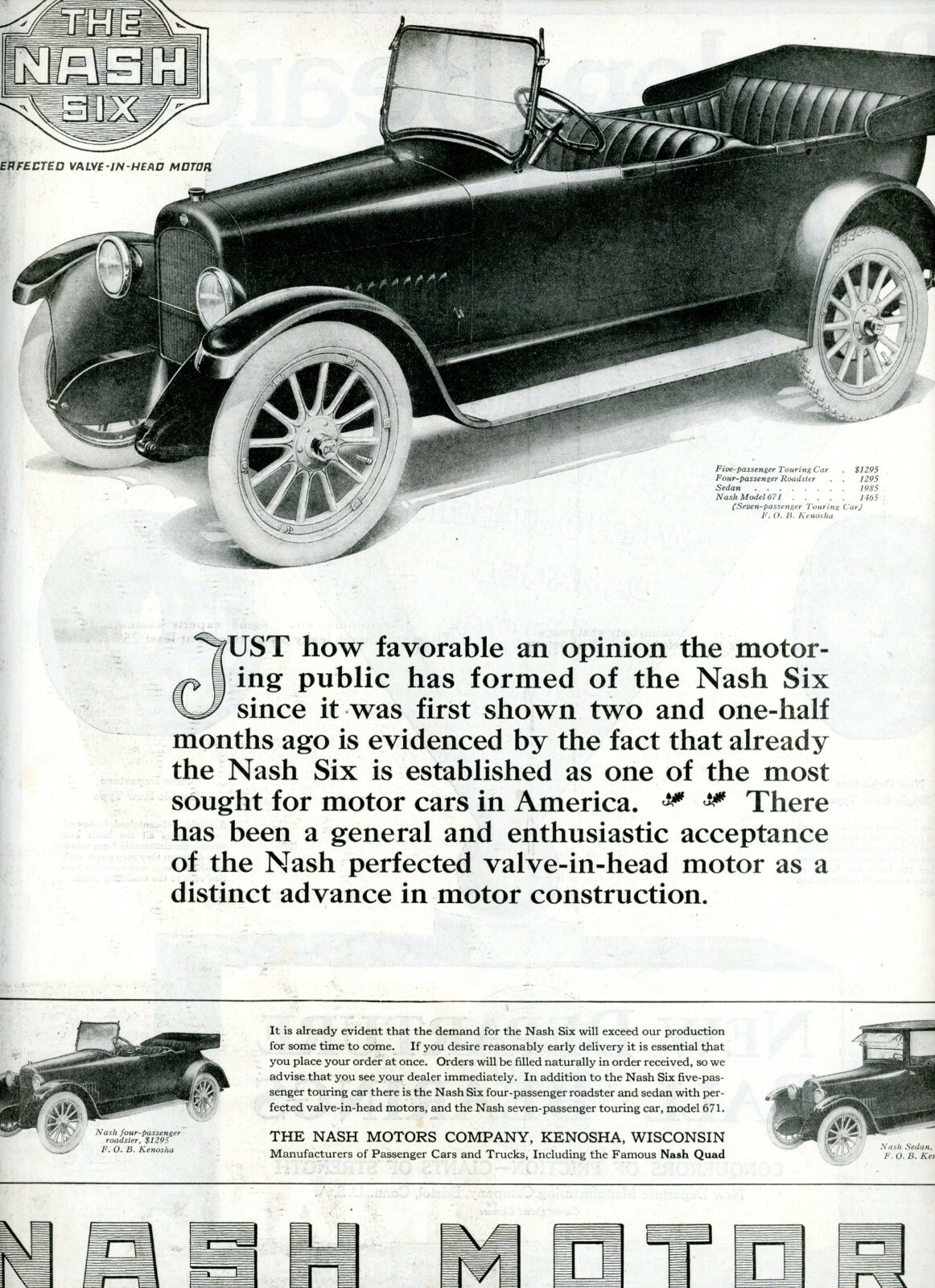 1917 Original Nash-Six Ad. 5-Passenger Touring Car + 2 Other Models ...