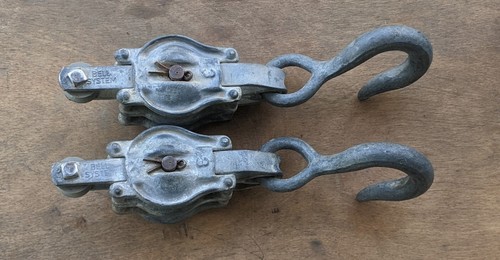 2 Vtg Bell System Lineman's slack block and tackle wire puller | eBay