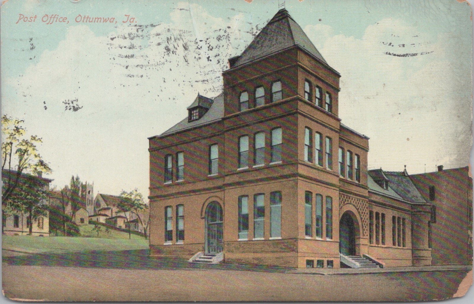 Postcard - Post Office Ottumwa Iowa Posted 1910 Flag Postmark Made in ...