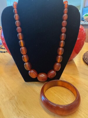 VINTAGE BAKELITE TORTOISE SHELL/ROOT BEER COLOR BANGLE BRACELET & AMBER ...