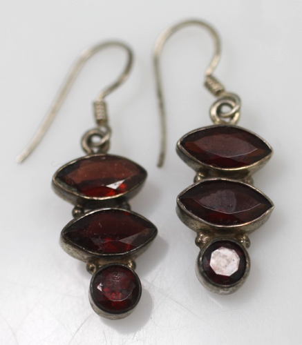 Vintage 925 Sterling silver red 3 garnet stone dangle hooks earrings ...