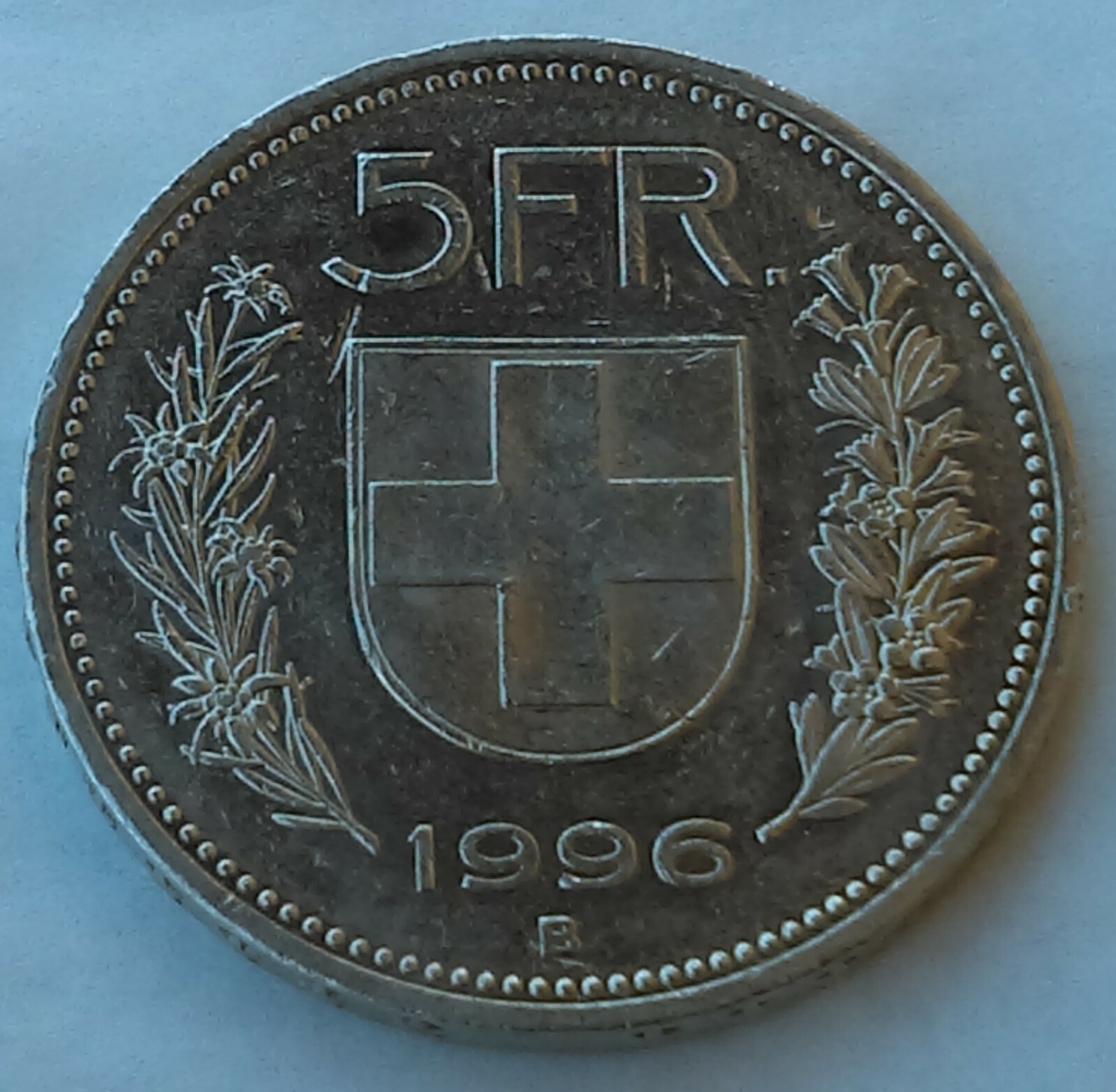 5 Francs 1996. Copper-nickel, Switzerland coin, CONFOEDERATIO HELVETICA ...