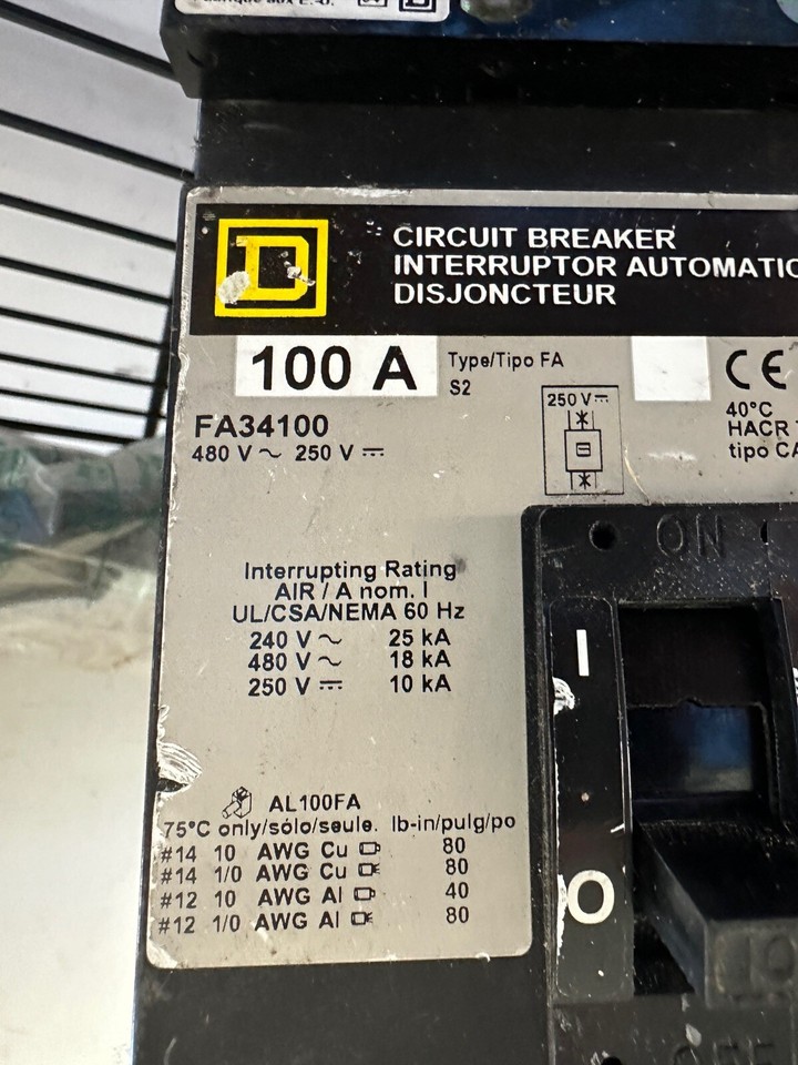 SQUARE D I-LINE FA CIRCUIT BREAKER FA34100 100AMP 480VOLT 3POLE | eBay