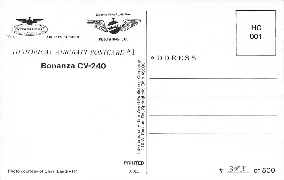 Airline Postcard BONANZA AIRLINES CV-240 | eBay