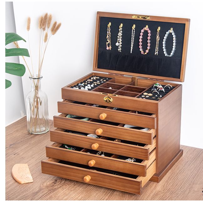 Solid Wood Six-Layer Jewel Box Large Capacity With Lock Earring ...