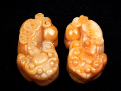 Lot Of 2 Nephrite Jade Carved Pendant Treasure Monster Pi-Xiu & Coins ...