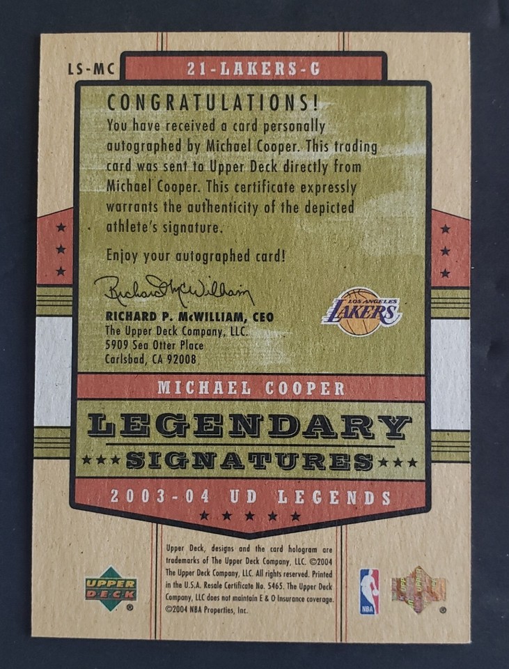 2003-04 UD UPPER DECK LEGENDS MICHAEL COOPER SP AUTO LEGENDARY ...
