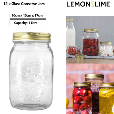 12 x 1L Glass Conserve Jar Gold Lid Screw Top Food Lolly Jam Storage ...
