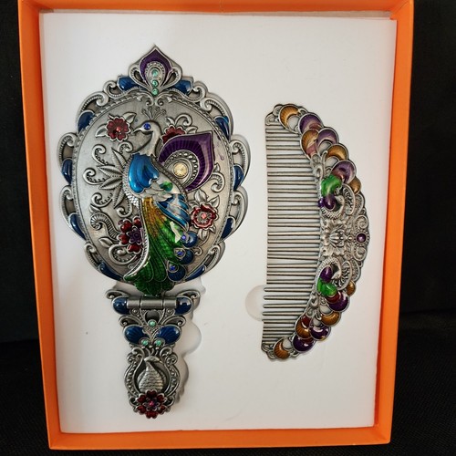 Vintage Maniya Mirror & Comb Box Set with Enameled Peacock Design | eBay
