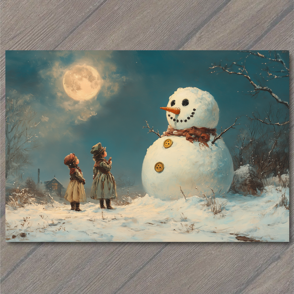 Art Print Snowman Bright Moonlit Night Winter Nostalgia Holiday Display ...