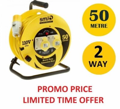 50M Extension Cable Reel 110V Yellow 16 Amp 2 Socket - 50M SMJ - CR5016 ...