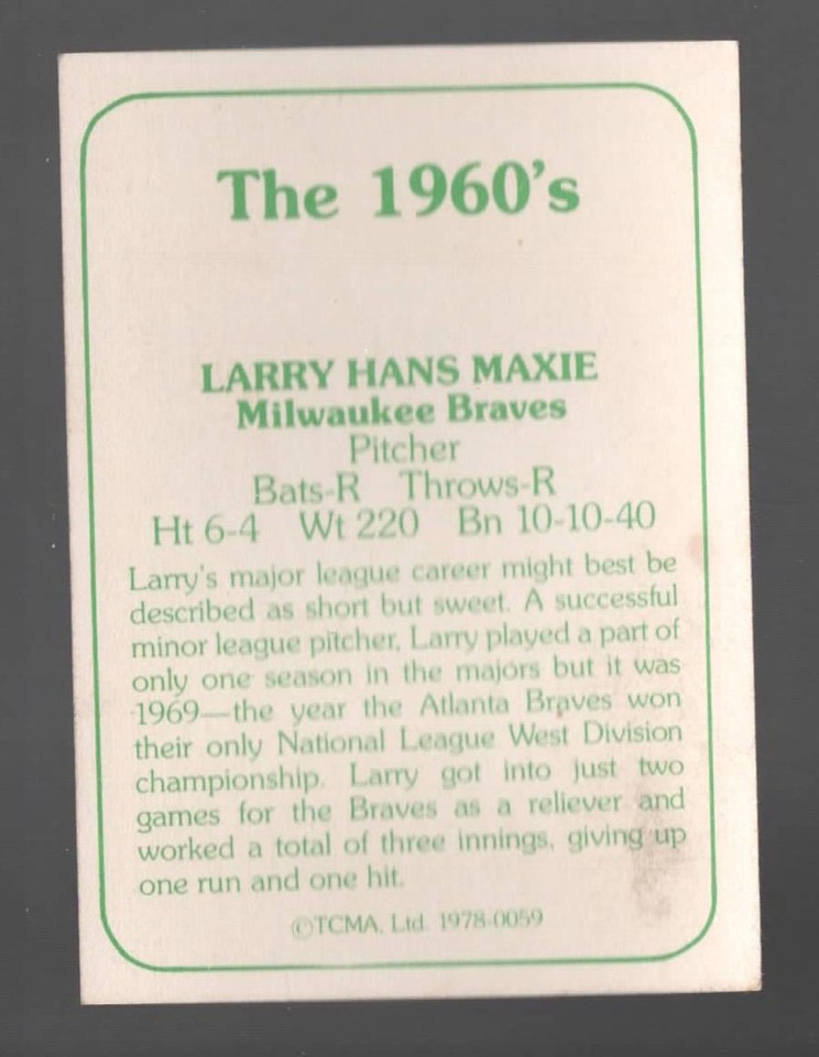 1978 TCMA The 1960s Larry Maxie Milwaukee Braves #59 Excellent | eBay