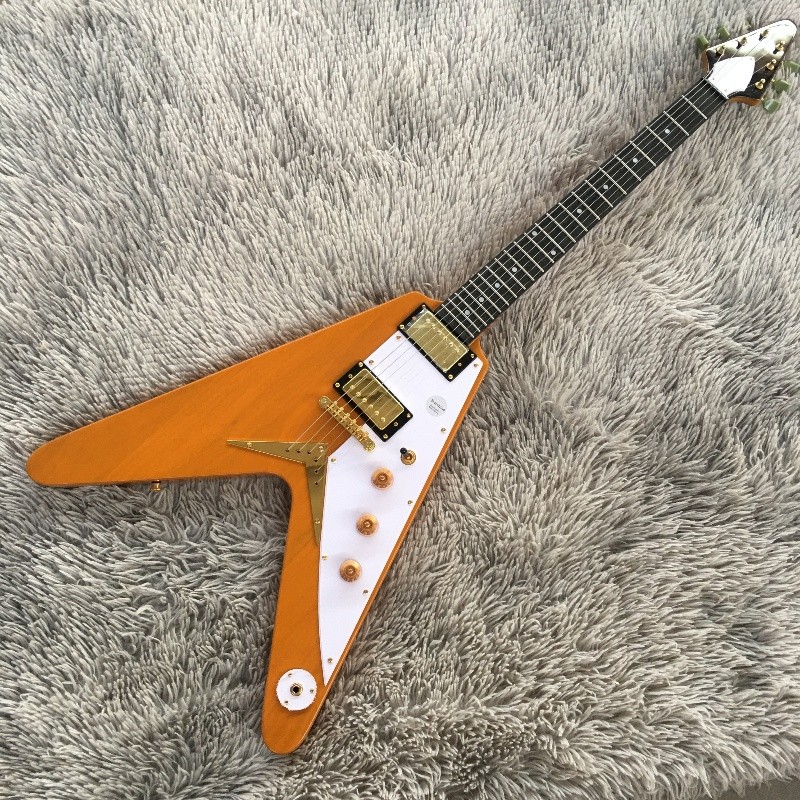 Flying V Eelectric Guitar Yellow Bone Nut Strings Thru Body HH Fast ...