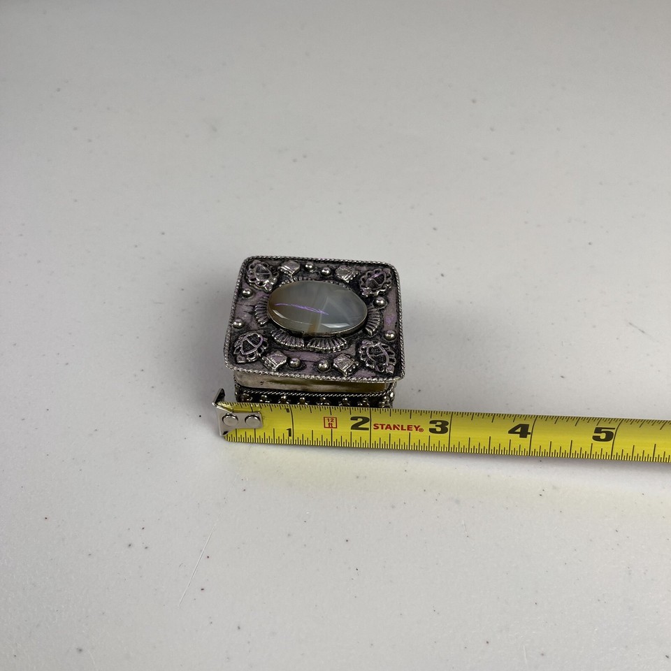 VINTAG Trinket Jewelry Pill Box w light Blue Stone & Ornate Silver 2.25 ...