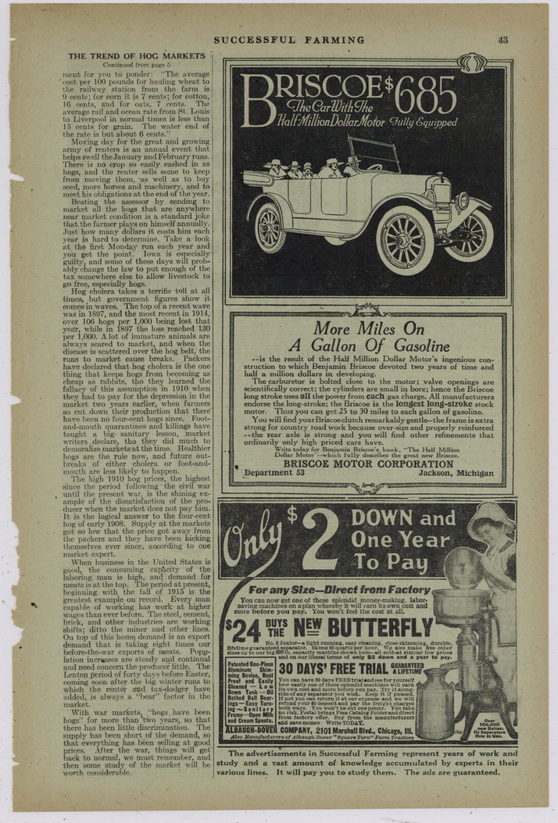 1917 Briscoe Motor Co. Ad: More Miles to the Gallon - Jackson Michigan ...