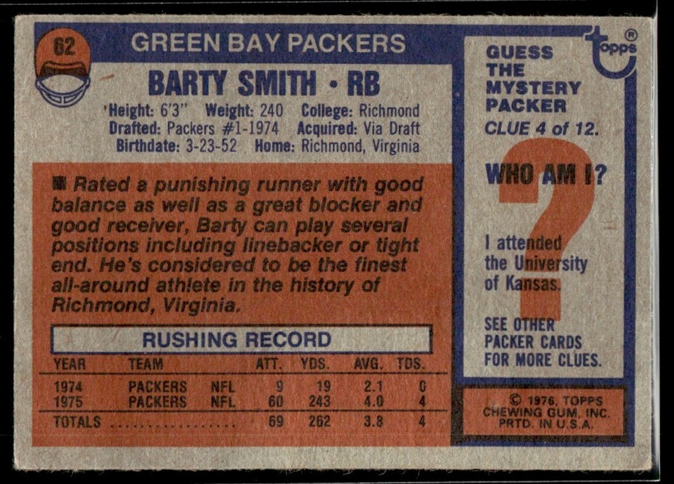 1976 Topps Barty Smith #62 RC Green Bay Packers | eBay