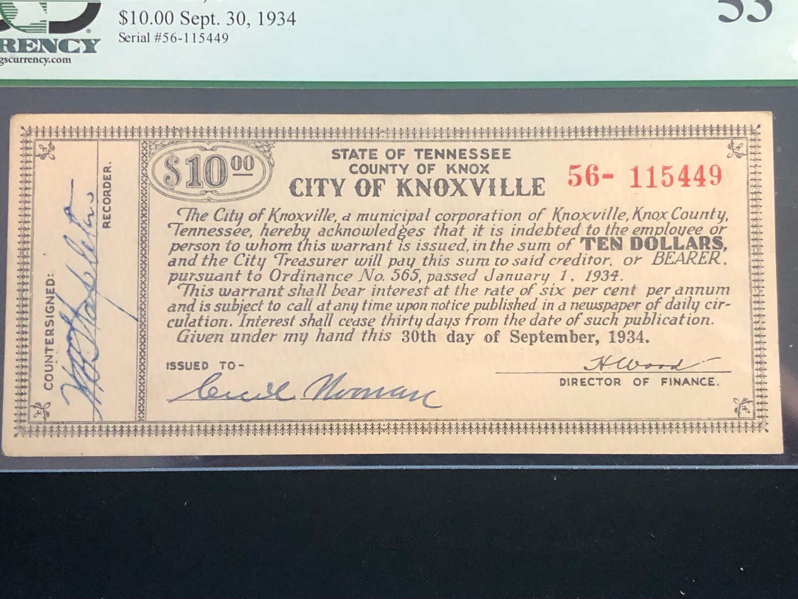 $10 Knoxville Tennessee Depression Scrip Treasury Warrant 1934 PCGS 53 ...