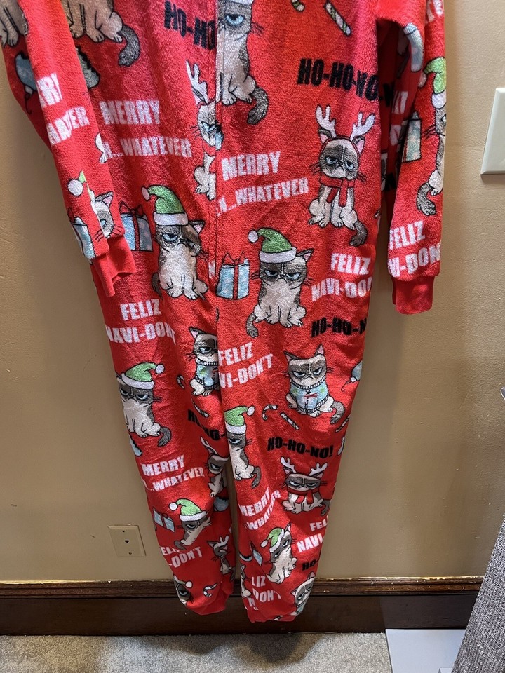 Grumpy Cat Hooded One Piece Fleece Pajama Outfit Red/Multi Size XL (16/ ...