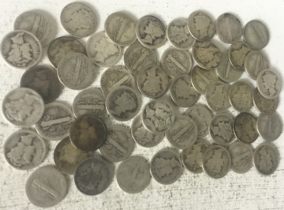 50 Coin Mercury Dime Lot 90% Silver Cull Slick $5 Face Winged Liberty ...