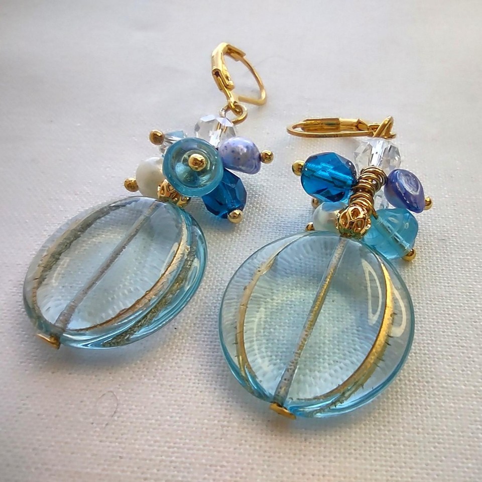 Handmade Bauble Gem / Glass / Pearl Mix Gold Tone Chandelier Earrings ...