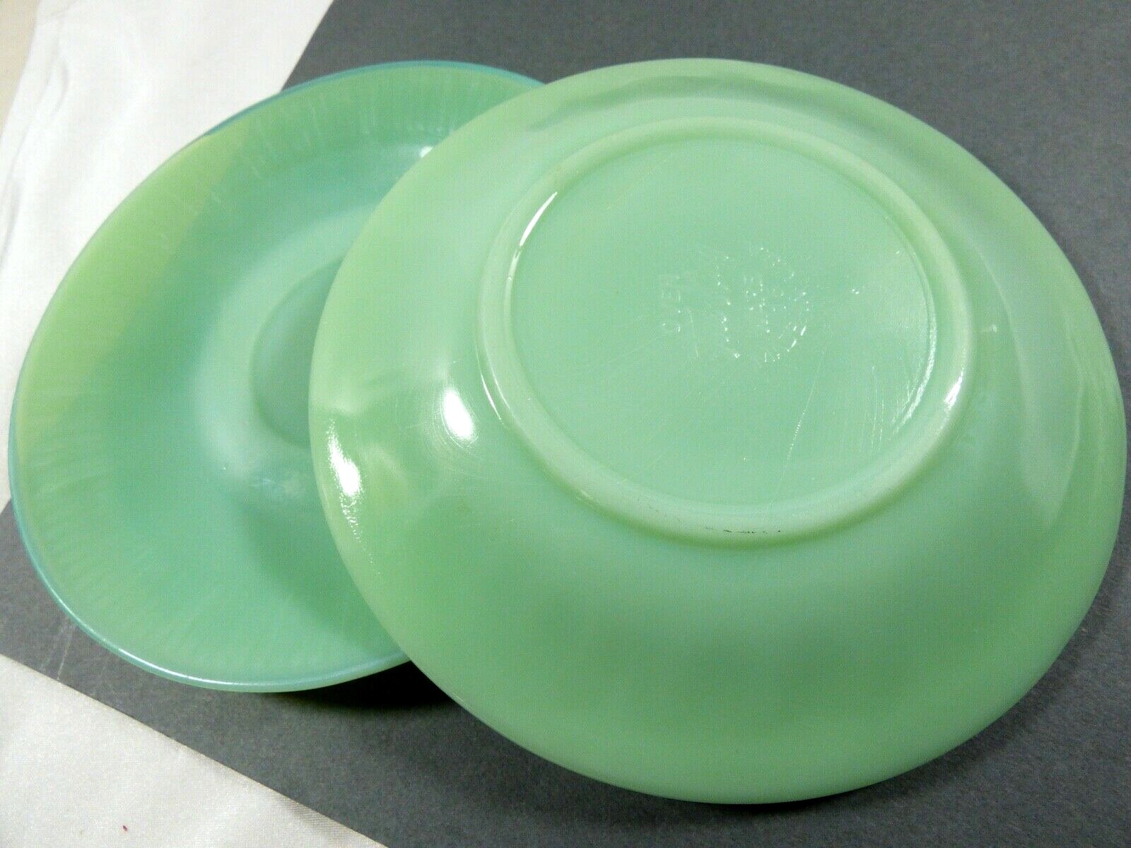 set of 2 Oven Ware Fire King Jadeite Jane Ray saucer green ribbed ...