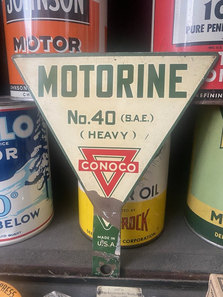 Original Conoco Motorine Motor Oil Paddle Sign RARE Gas Metal Lubester ...