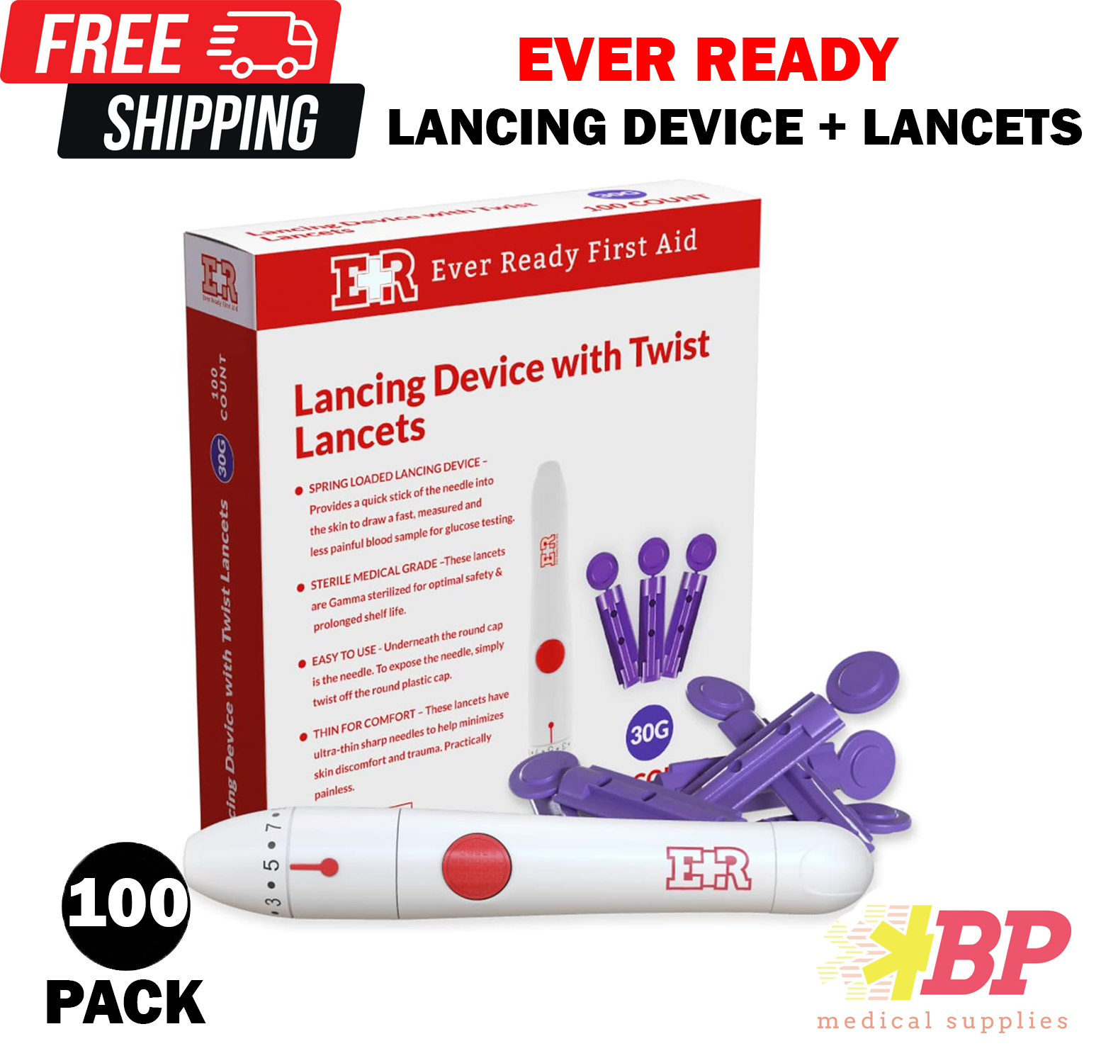 Ever Ready First Aid Lancing Device with 30-Gauge Twist Lancets - 100 ...