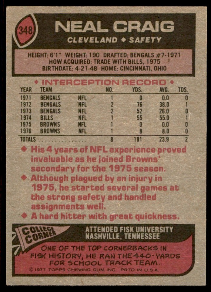 1977 Topps Neal Craig Football Card Cleveland Browns #348 | eBay
