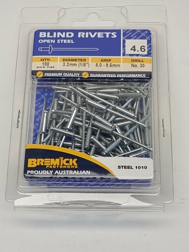 Bremick Blind Rivets 4.6 Open Steel 3.2mm Diameter 8.0-9.5mm Grip ...