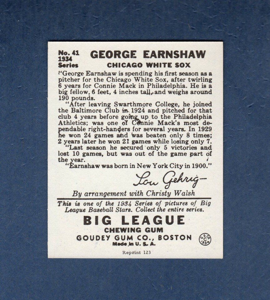 #41 GEORGE EARNSHAW, White Sox ~ 1934 Goudey Gum | REPRINT 123 issued ...